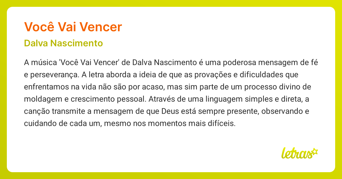 Significado da música VOCÊ VAI VENCER (Dalva Nascimento) - LETRAS.MUS.BR