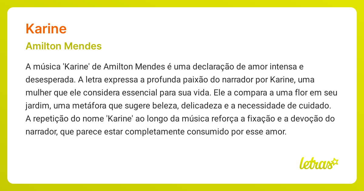 Significado da música KARINE (Amilton Mendes) - LETRAS.MUS.BR