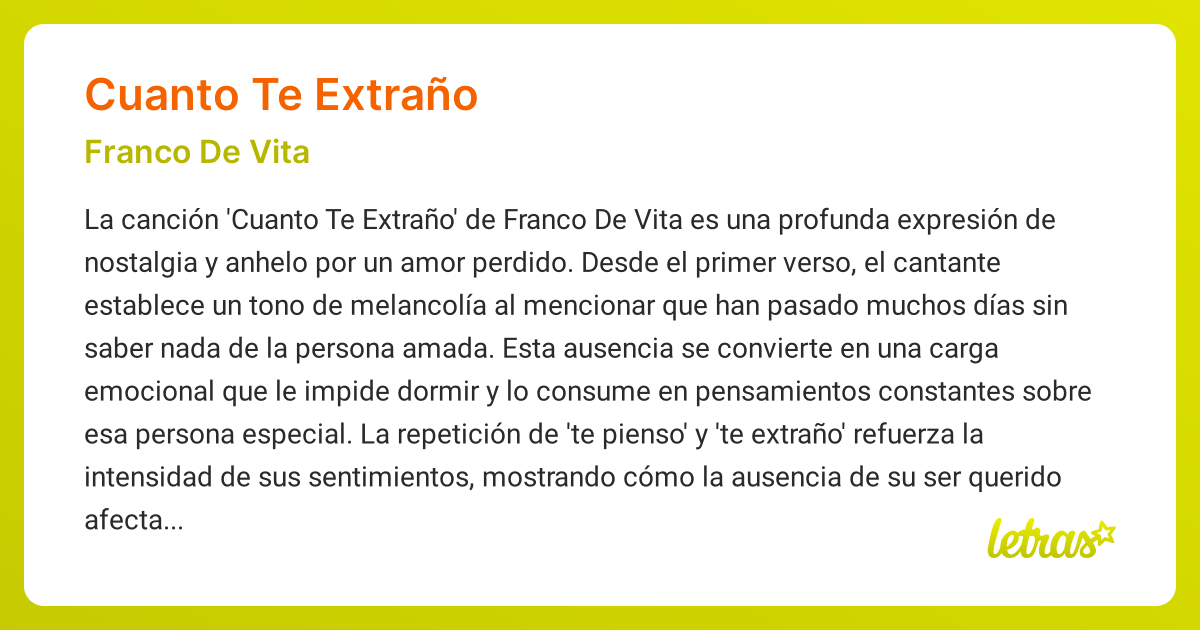 Significado de la canción CUANTO TE EXTRAÑO (Franco De Vita) - LETRAS.COM