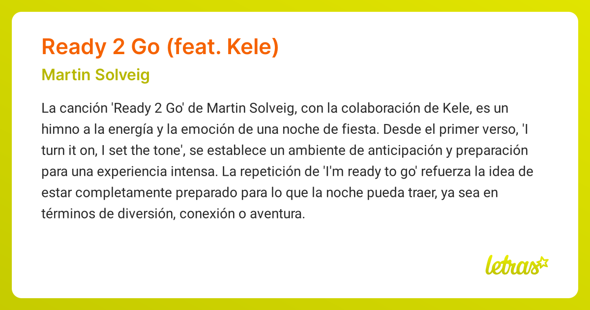 Significado de la canción READY 2 GO (FEAT. KELE) (Martin Solveig ...