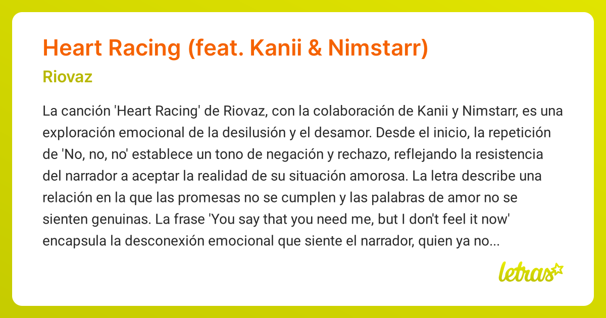 Significado de la canción Heart Racing (feat. Kanii & Nimstarr) (Riovaz ...