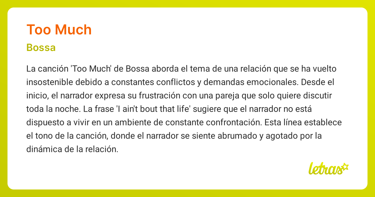 Significado de la canción TOO MUCH (Bossa) - LETRAS.COM