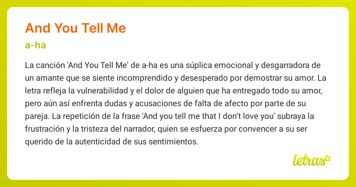 Significado de la canción AND YOU TELL ME (a-ha) - LETRAS.COM