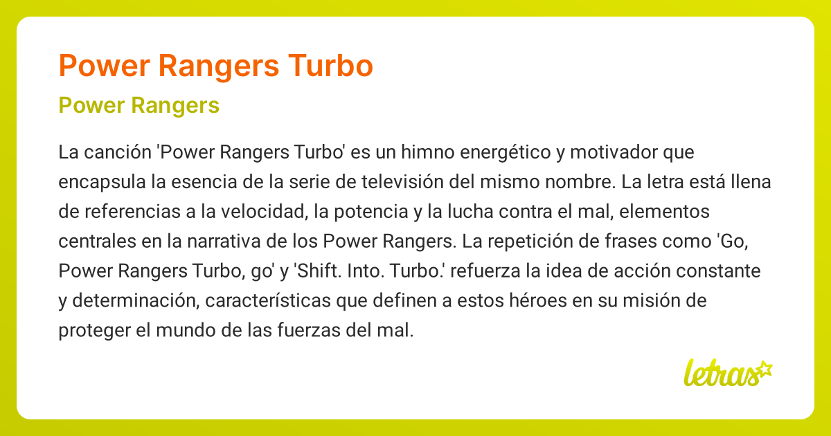 Significado de la canción POWER RANGERS TURBO (Power Rangers) - LETRAS.COM