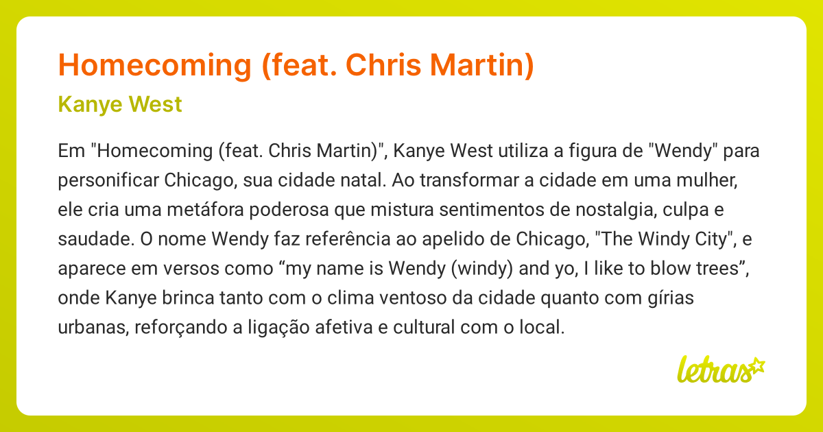 Significado da música Homecoming (feat. Chris Martin) (Kanye West) - LETRAS.MUS.BR