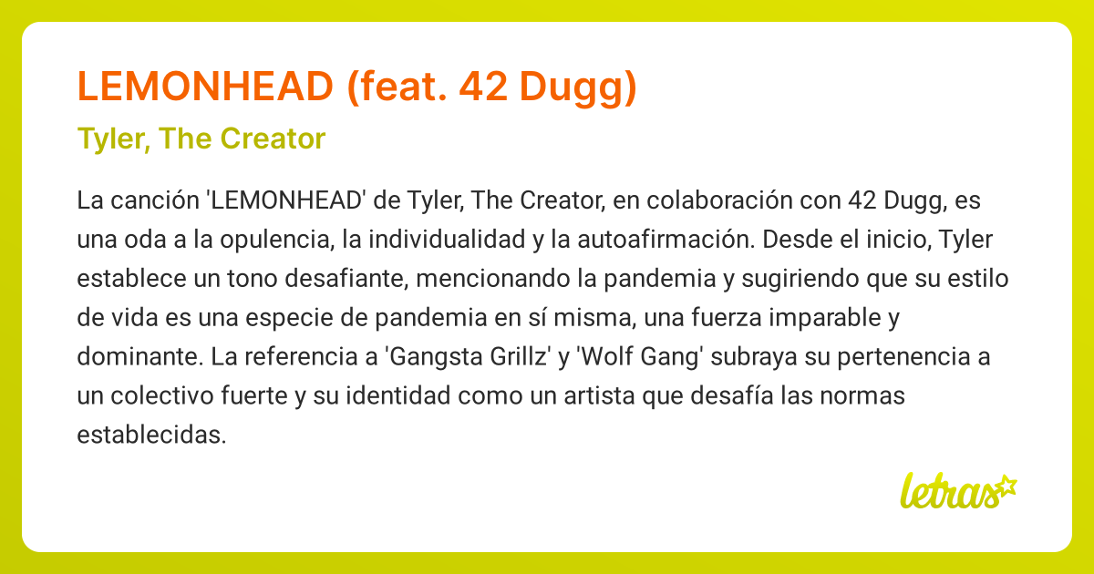 Significado de la canción LEMONHEAD (FEAT. 42 DUGG) (Tyler, The Creator ...