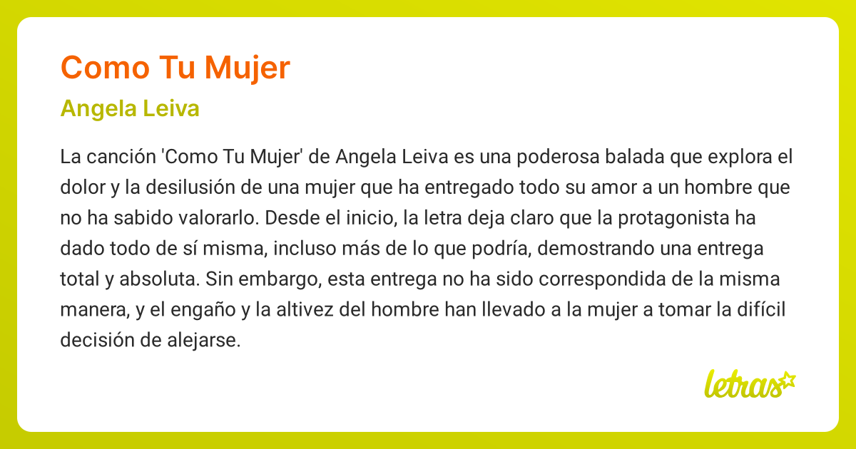 Significado de la canción COMO TU MUJER (Angela Leiva) - LETRAS.COM