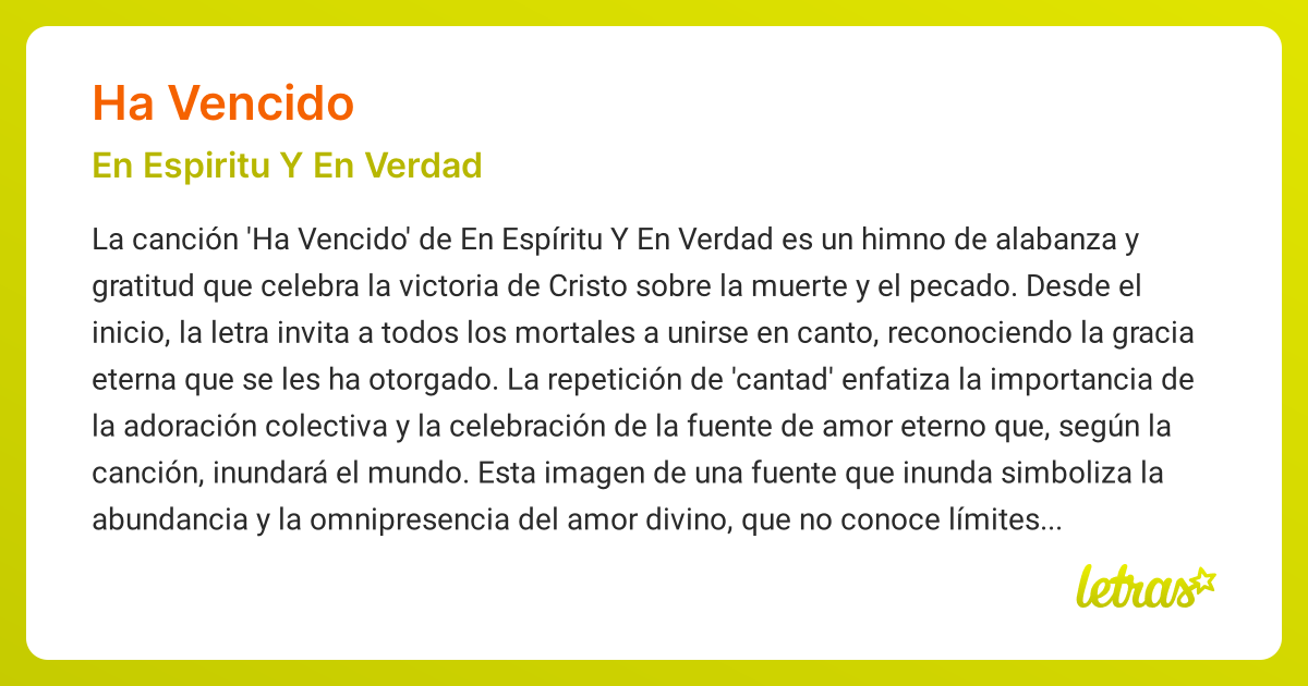 Significado de la canción HA VENCIDO (En Espiritu Y En Verdad) - LETRAS.COM