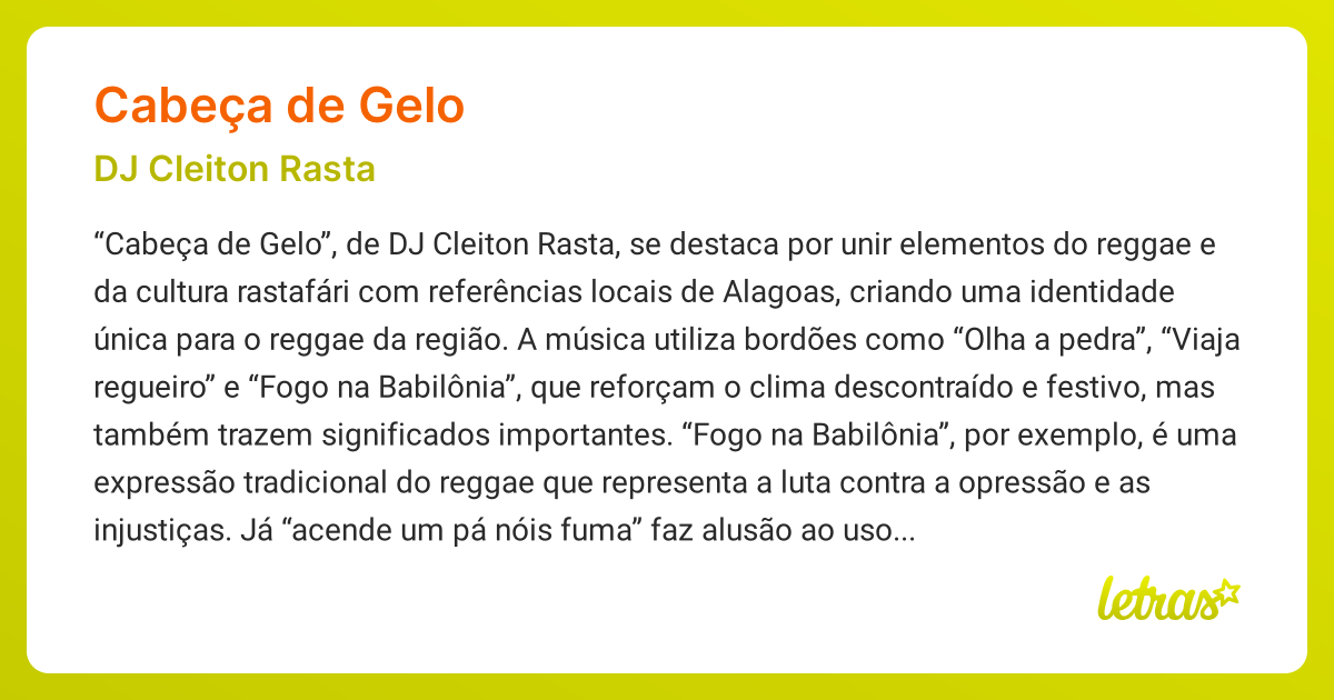 Significado da música CABEÇA DE GELO (DJ Cleiton Rasta) - LETRAS.MUS.BR