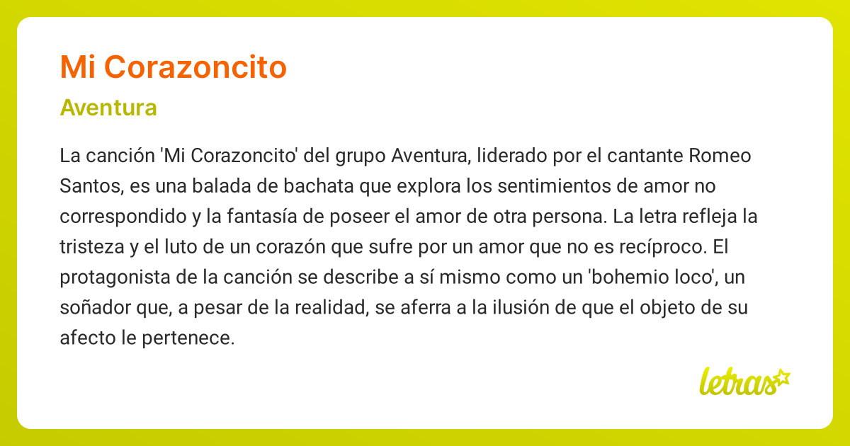 Significado de la canción MI CORAZONCITO (Aventura) - LETRAS.COM