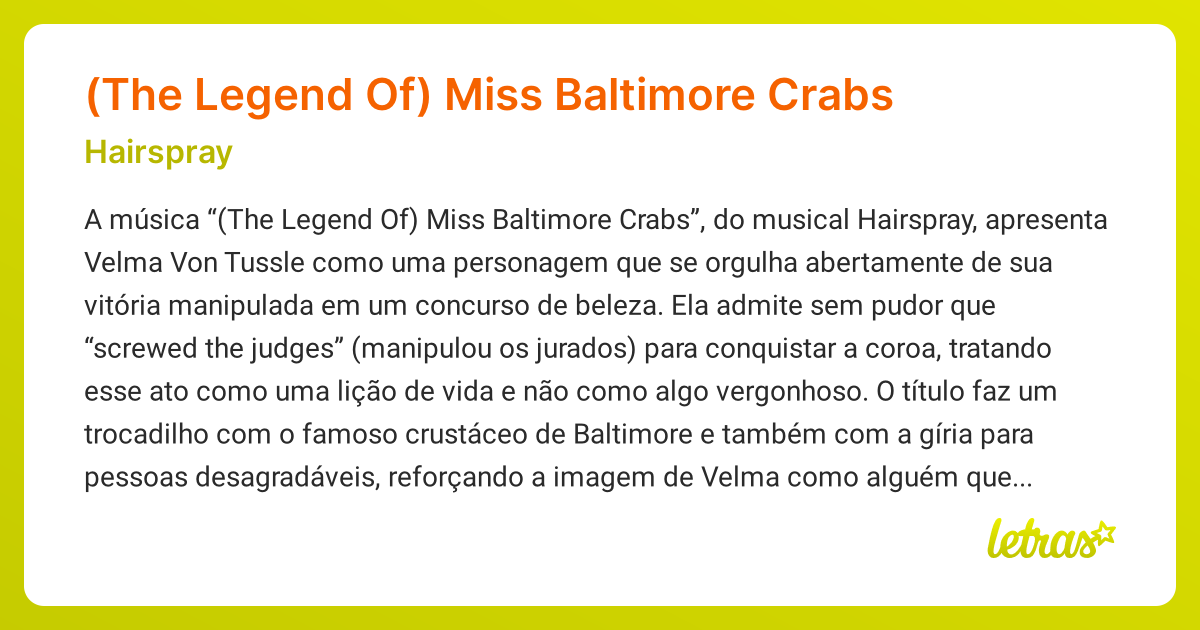 Significado da música (The Legend Of) Miss Baltimore Crabs (Hairspray ...