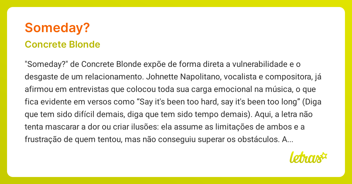 Significado da música SOMEDAY? (Concrete Blonde) - LETRAS.MUS.BR