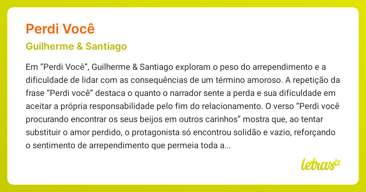 Significado da música PERDI VOCÊ (Guilherme & Santiago) - LETRAS.MUS.BR