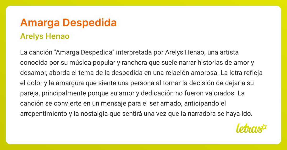 Significado de la canción AMARGA DESPEDIDA (Arelys Henao) - LETRAS.COM