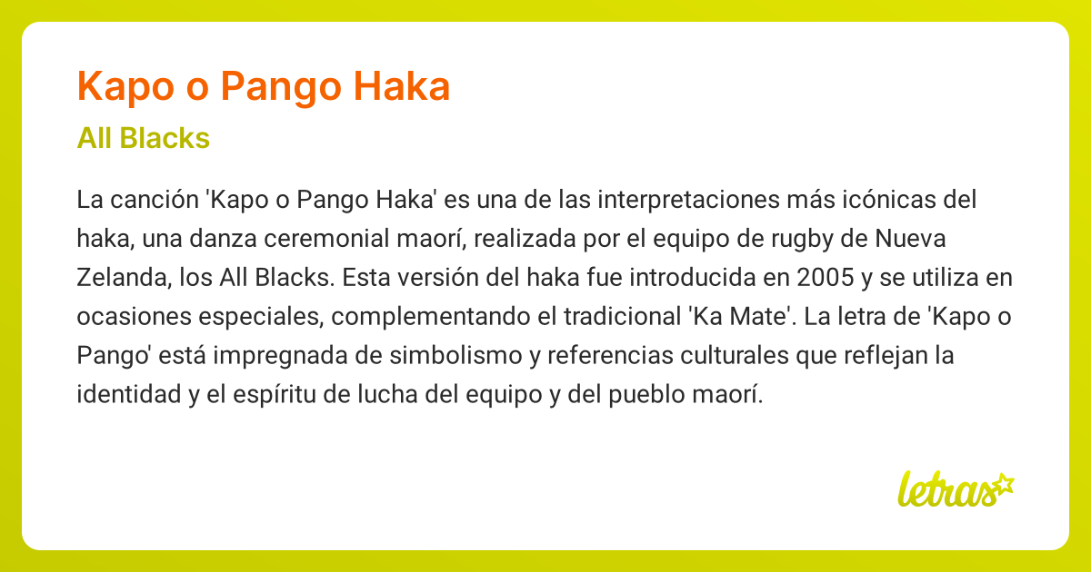 Significado de la canción KAPO O PANGO HAKA (All Blacks) - LETRAS.COM