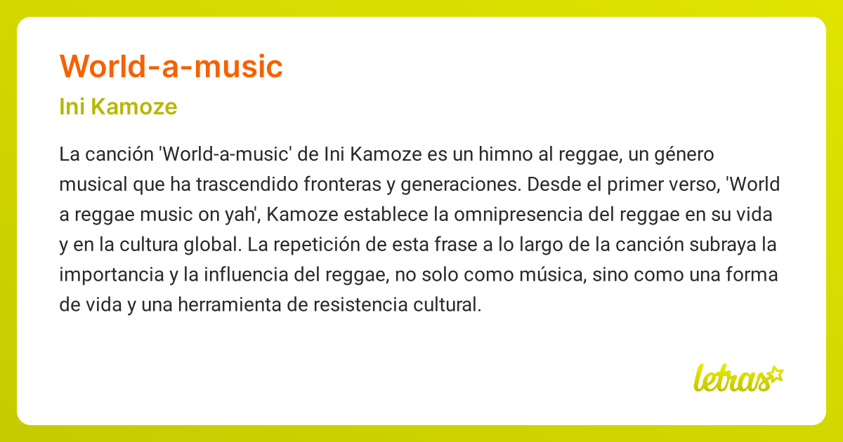 Significado de la canción WORLD-A-MUSIC (Ini Kamoze) - LETRAS.COM