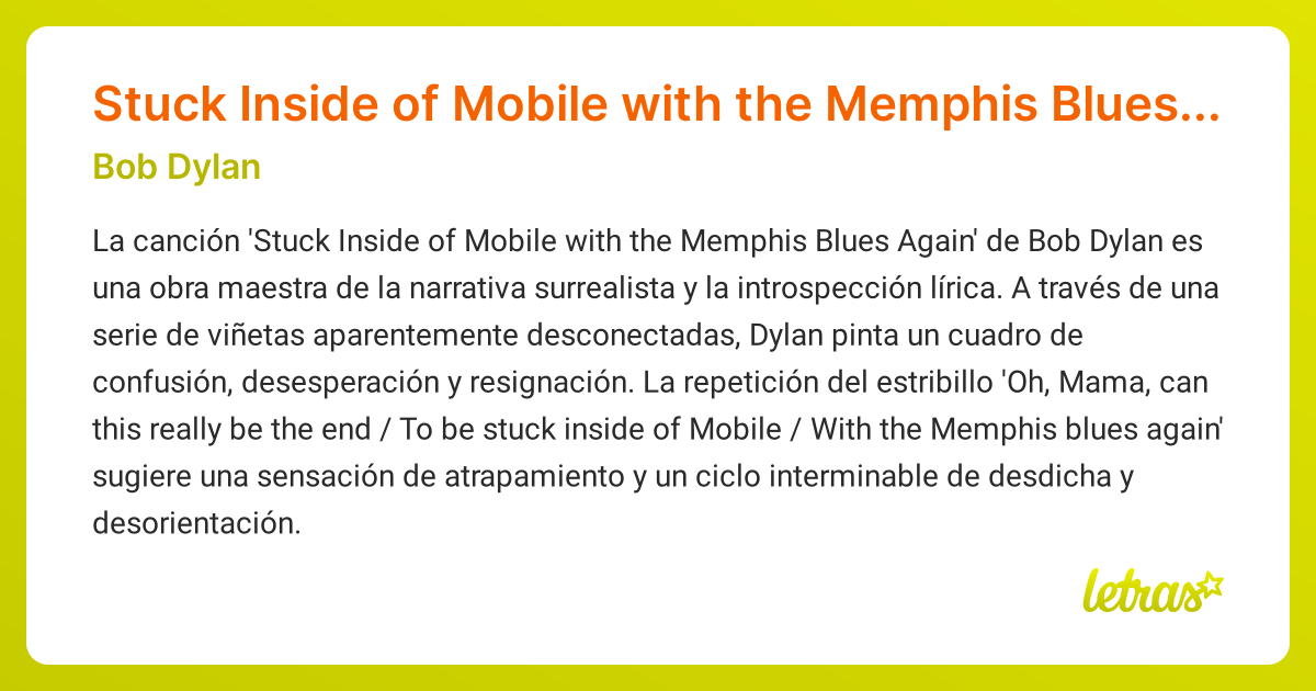 Significado de la canción Stuck Inside of Mobile with the Memphis Blues Again (Bob Dylan ...