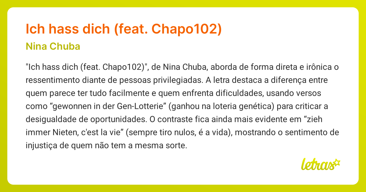 Significado da música ICH HASS DICH (FEAT. CHAPO102) (Nina Chuba ...