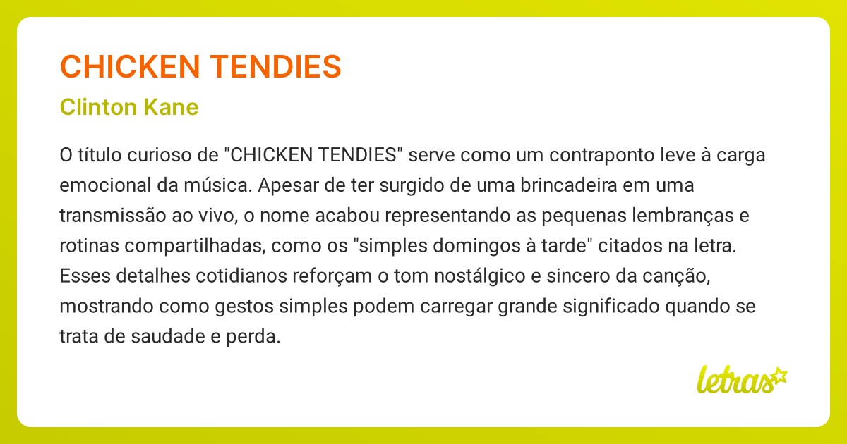 Significado da música CHICKEN TENDIES (Clinton Kane) - LETRAS.MUS.BR