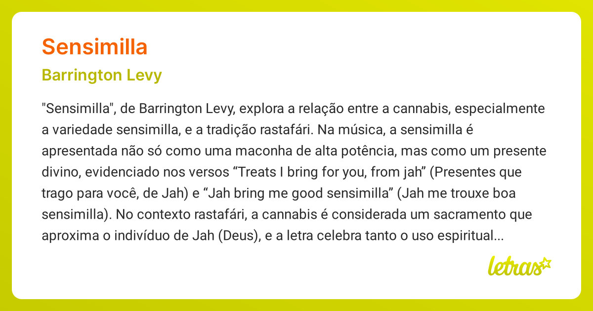 Significado da música SENSIMILLA (Barrington Levy) - LETRAS.MUS.BR
