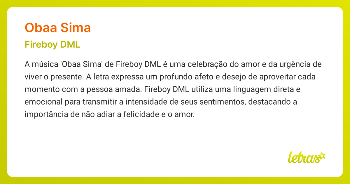 Significado da música OBAA SIMA (Fireboy DML) - LETRAS.MUS.BR