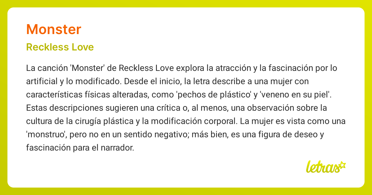 Significado de la canción MONSTER (Reckless Love) - LETRAS.COM