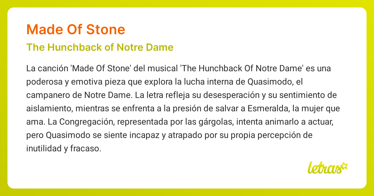 Significado de la canción MADE OF STONE (The Hunchback of Notre Dame ...