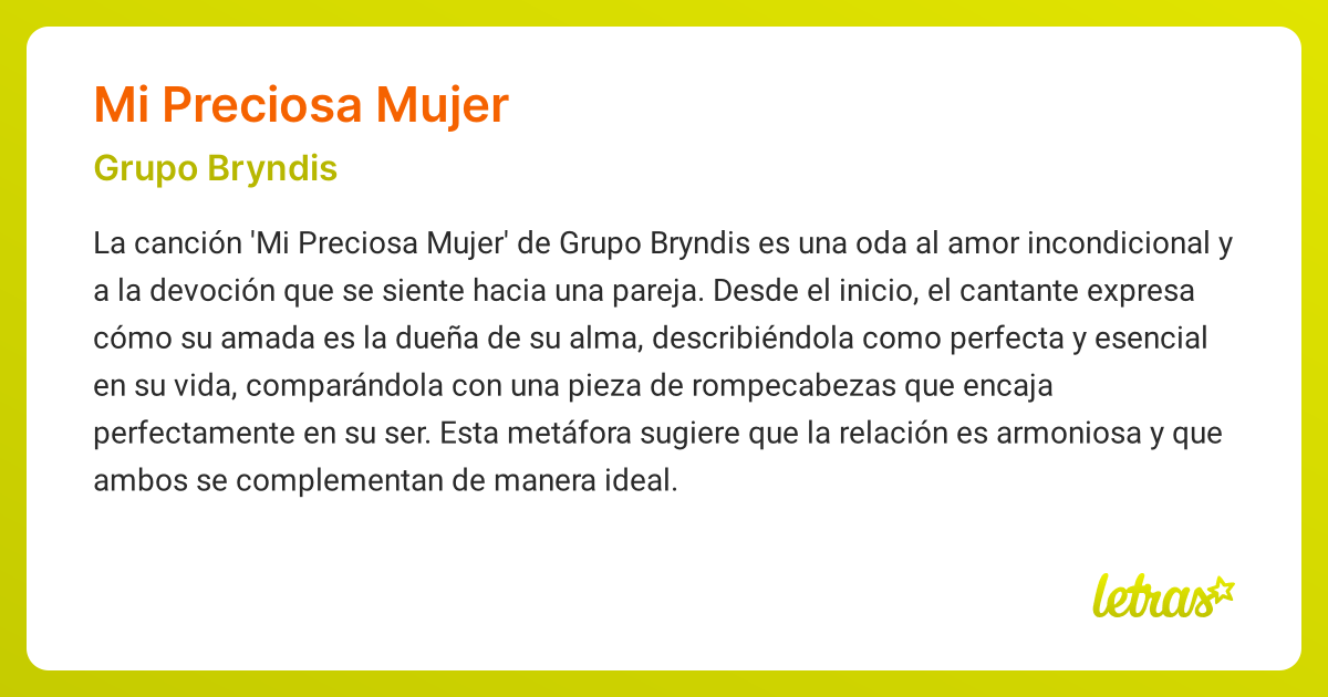 Significado de la canción MI PRECIOSA MUJER (Grupo Bryndis) - LETRAS.COM