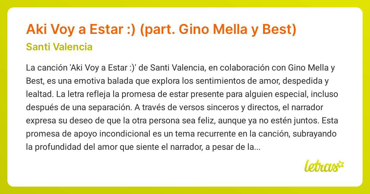 Significado de la canción Aki Voy a Estar :) (part. Gino Mella y Best ...