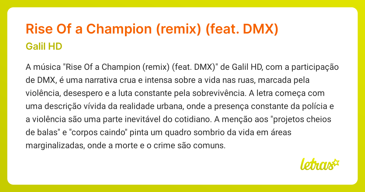 Significado da música Rise Of a Champion (remix) (feat. DMX) (Galil HD ...