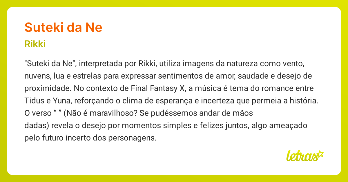 Significado da música SUTEKI DA NE (Rikki) - LETRAS.MUS.BR