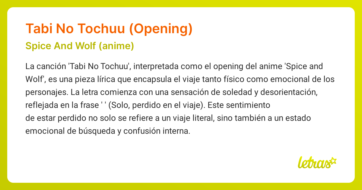Significado de la canción TABI NO TOCHUU (OPENING) (Spice And Wolf ...