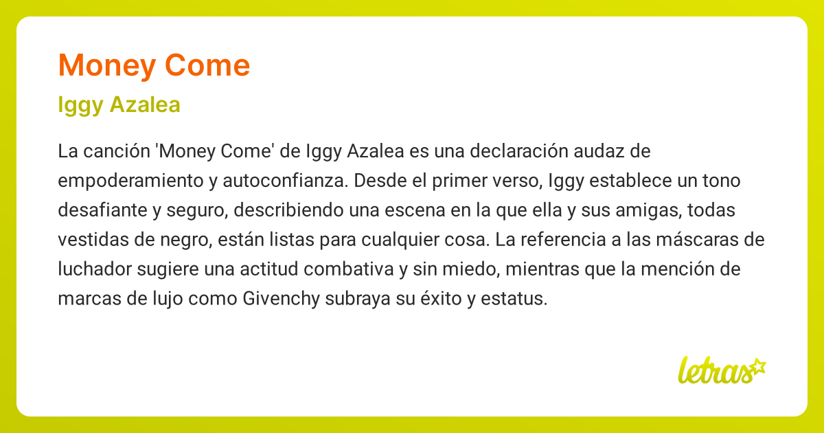 Significado de la canción MONEY COME (Iggy Azalea) - LETRAS.COM