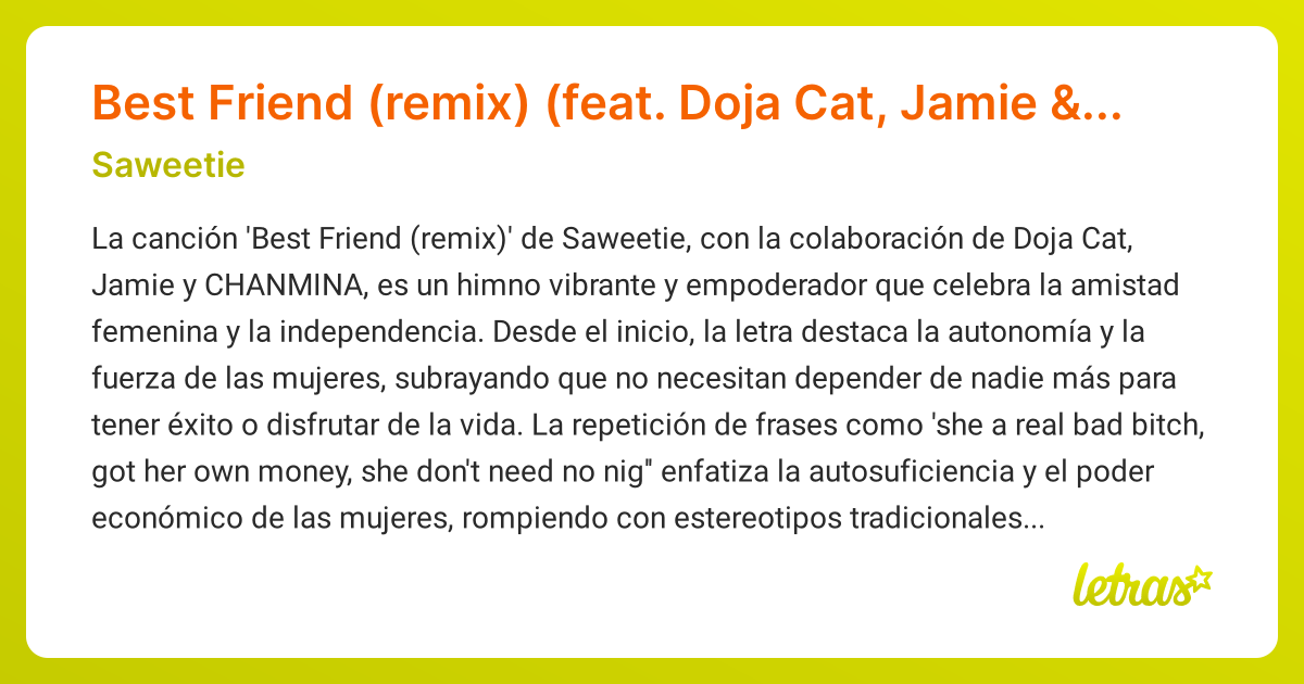 Significado de la canción Best Friend (remix) (feat. Doja Cat, Jamie ...