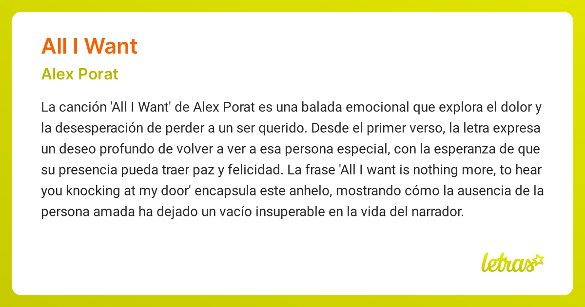 Significado de la canción ALL I WANT (Alex Porat) - LETRAS.COM