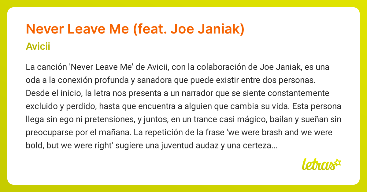 Significado de la canción Never Leave Me (feat. Joe Janiak) (Avicii ...