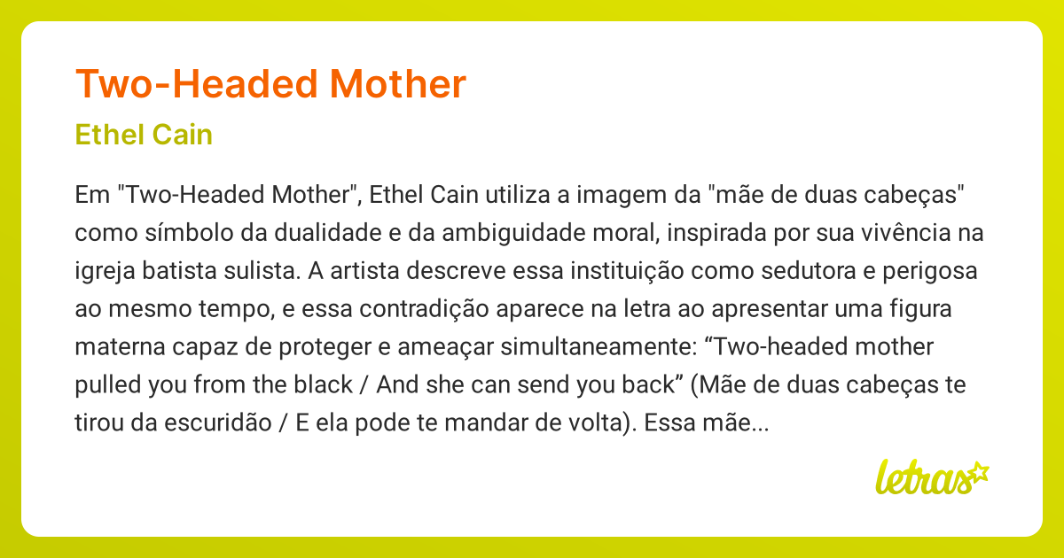Significado da música TWO-HEADED MOTHER (Ethel Cain) - LETRAS.MUS.BR