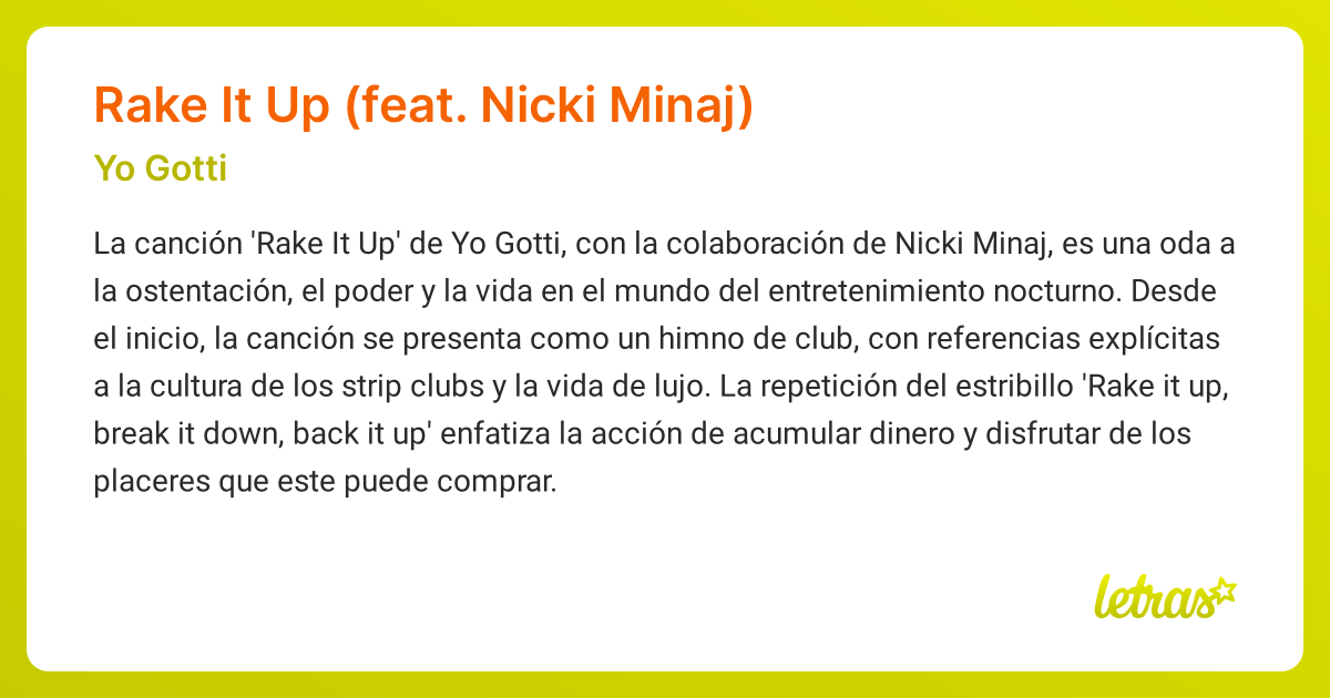 Significado de la canción RAKE IT UP (FEAT. NICKI MINAJ) (Yo Gotti ...
