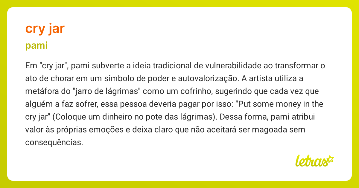Significado da música CRY JAR (pami) - LETRAS.MUS.BR