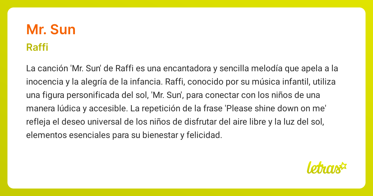 Significado de la canción MR. SUN (Raffi) - LETRAS.COM