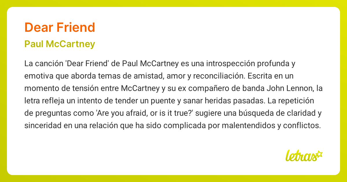Significado de la canción DEAR FRIEND (Paul McCartney) - LETRAS.COM