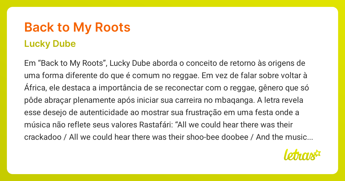 Significado da música BACK TO MY ROOTS (Lucky Dube) - LETRAS.MUS.BR