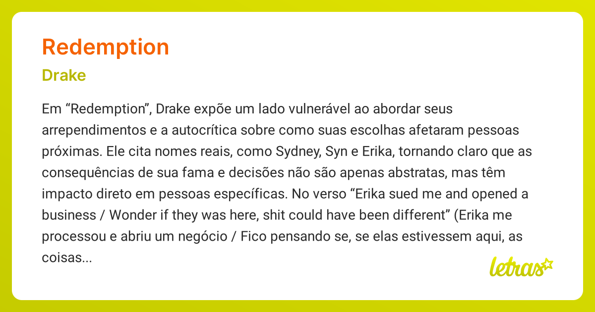 Significado da música REDEMPTION (Drake) - LETRAS.MUS.BR