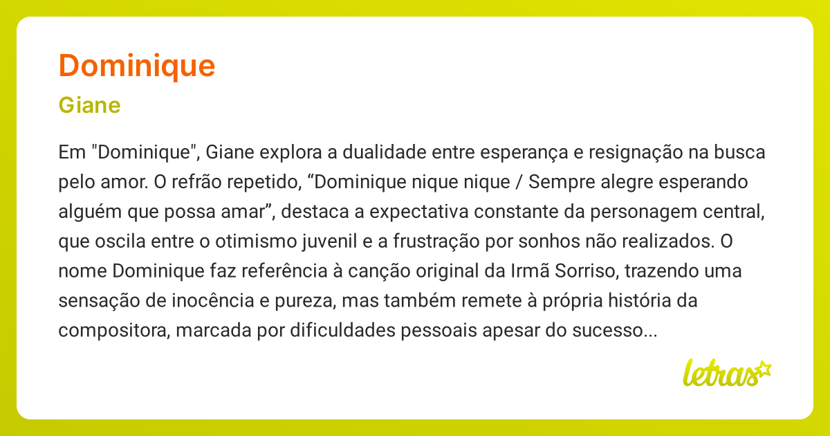 Significado da música DOMINIQUE (Giane) - LETRAS.MUS.BR