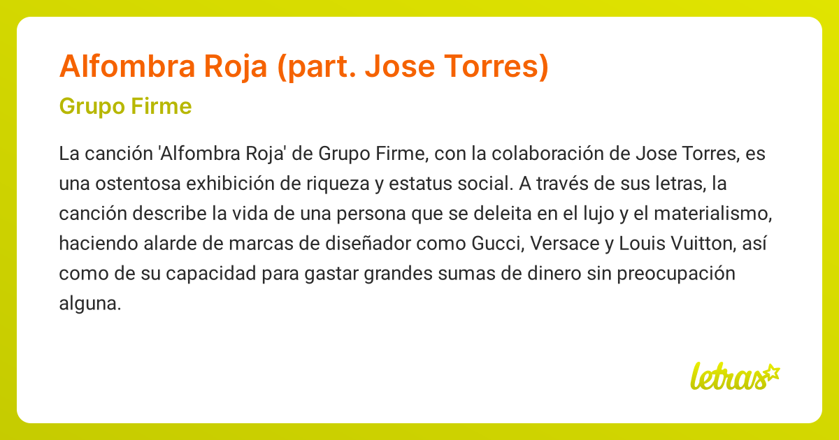 Significado de la canción Alfombra Roja (part. Jose Torres) (Grupo ...