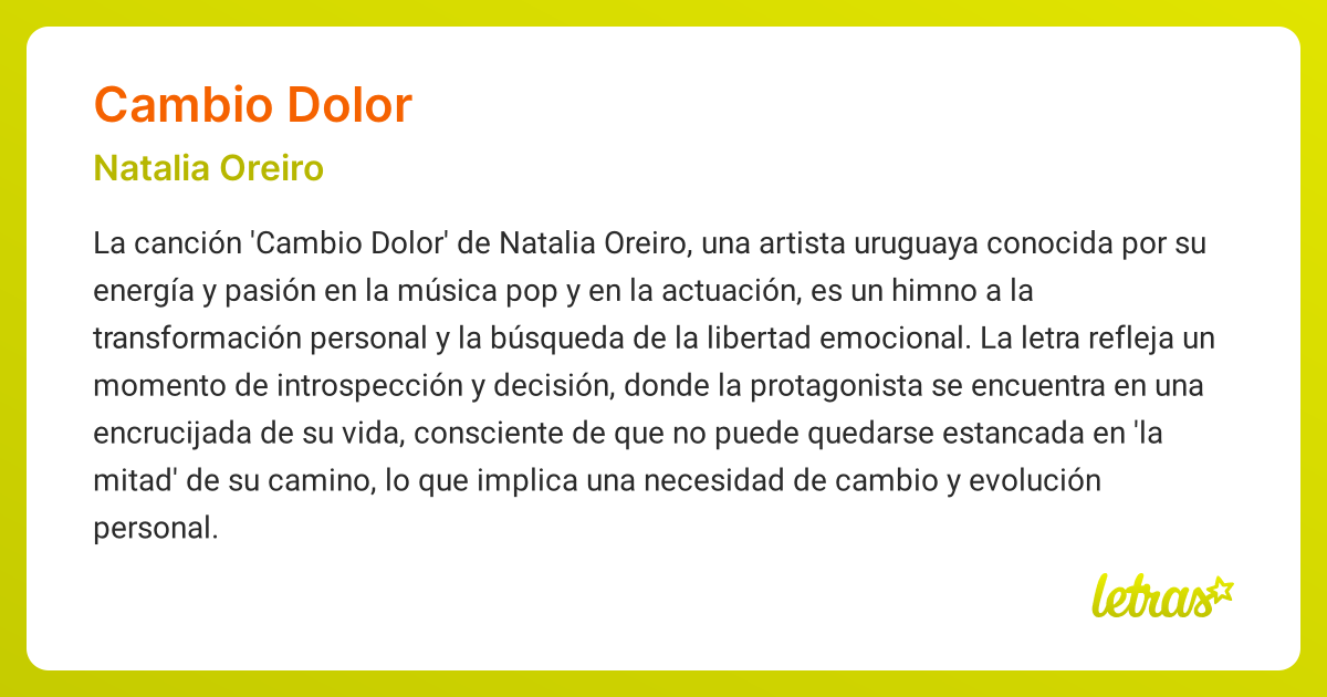 Significado de la canción CAMBIO DOLOR (Natalia Oreiro) - LETRAS.COM