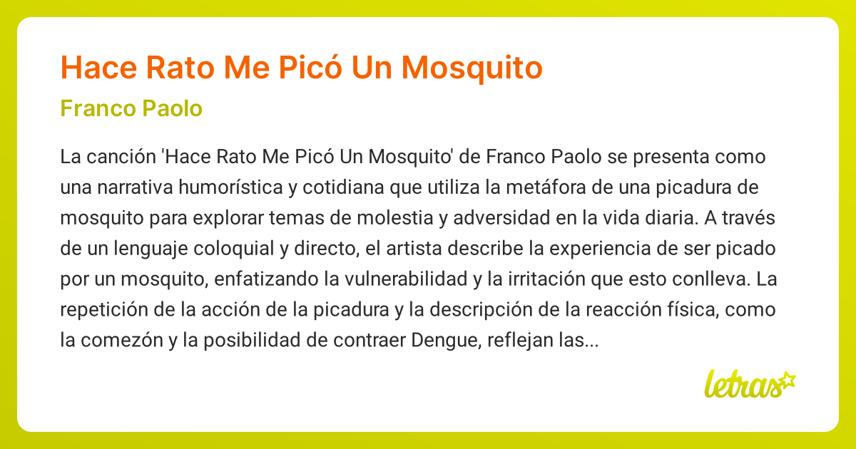Significado de la canción HACE RATO ME PICÓ UN MOSQUITO (Franco Paolo ...