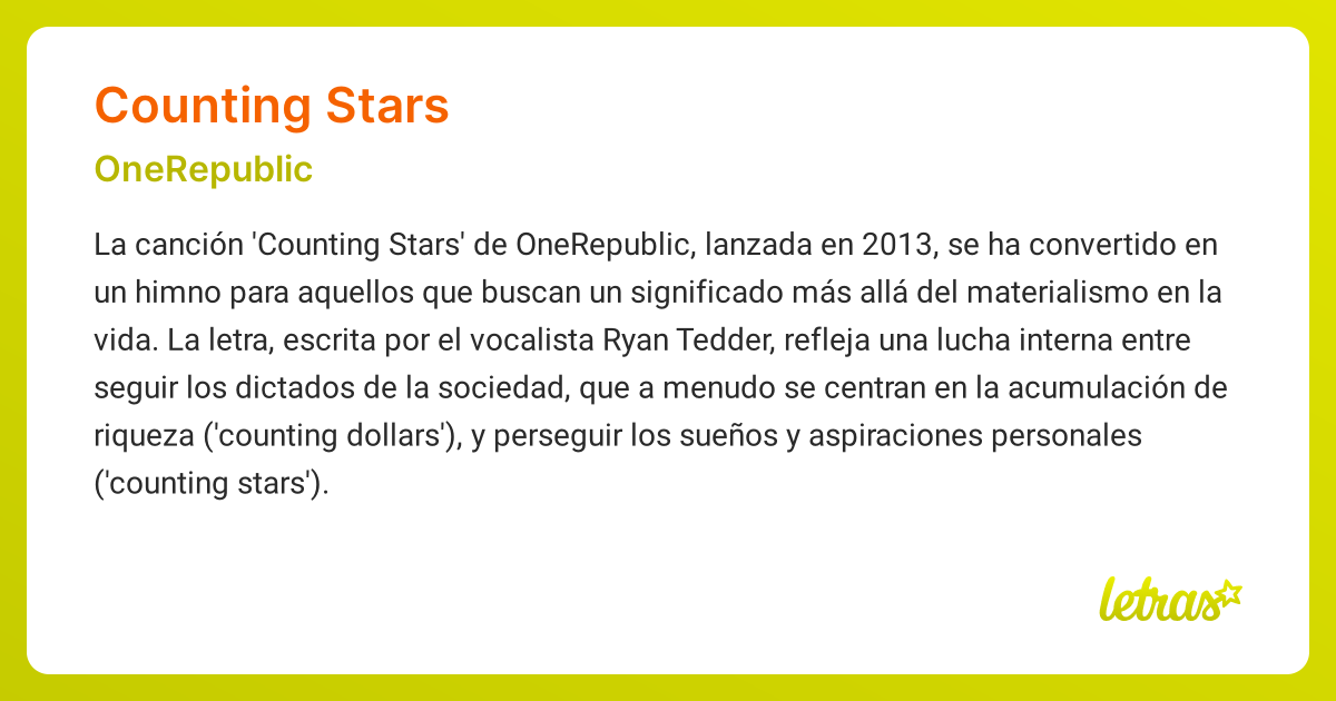 Significado de la canción COUNTING STARS (OneRepublic) - LETRAS.COM