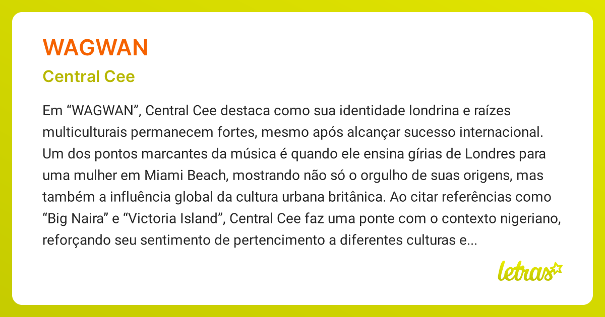 Significado da música WAGWAN (Central Cee) - LETRAS.MUS.BR