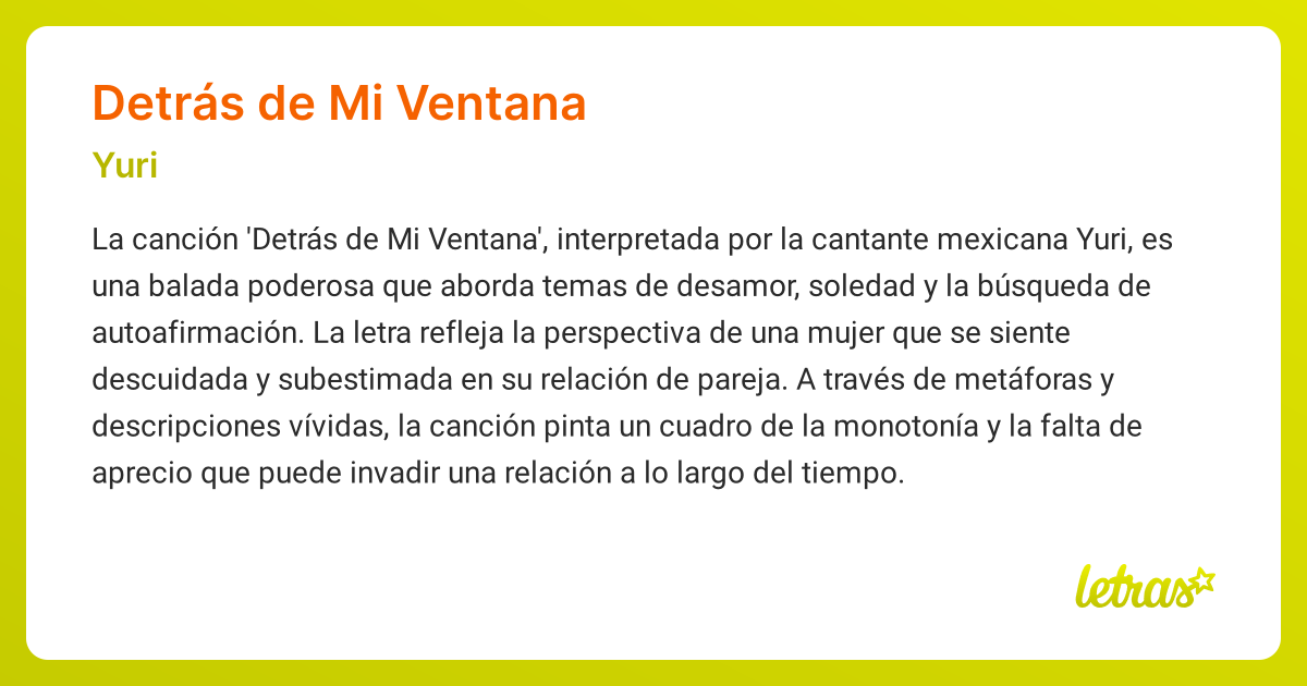 Significado de la canción DETRÁS DE MI VENTANA (Yuri) - LETRAS.COM